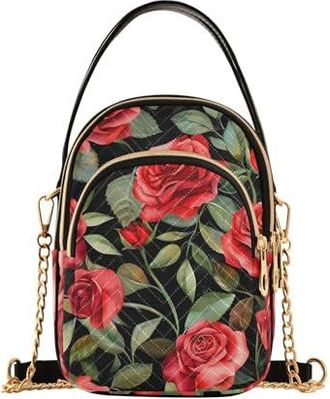 Mnsruu Sac à bandoulière pour femme avec roses rouges et fleurs noires - Petit sac à bandoulière avec sangle réglable