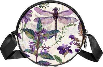 Generic Sac &agrave; bandouli&egrave;re rond pour femme, motif libellule avec fermeture &eacute;clair et bretelles r&eacute;glables