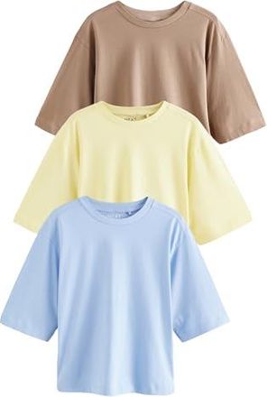 Next Femme T-Shirt Ras du Cou 100% Coton &agrave; Manches mi-Longues, Lot de 3 Blue/Lemon Yellow/Neutral L
