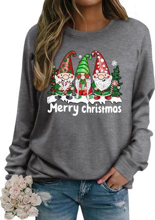 Dresswel Weihnachtspullover Damen Merry Christmas Sweatshirt Lustig Zwerge Druck Baumwolle Weihnachten Pullover Weihnachts Tops Xmas Weihnachtspulli Teenager M