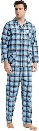 Global Homme Pyjama Flanelle Ensembles de Pyjama Homme Coton Vêtements de Nuit Haut Deux Pièces Chaud Pyjama Sets,Grille Bleue,L
