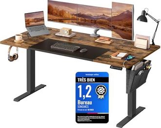 Songmics Bureau &Eacute;lectrique R&eacute;glable en Hauteur, 160 x 70 cm, Table Assis-Debout, Fonction M&eacute;moire 4 Hauteurs, pour Bureau, T&eacute;l&eacute;travail, Marron Rustique et Noir