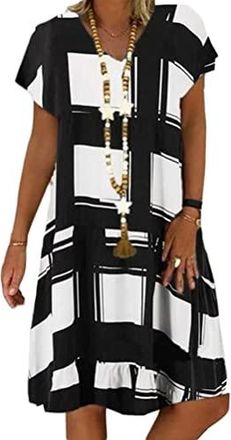 ORANDESIGNE Robe Col V Lâche Imprimé Mi-Longue Robe Décontracté Manche Courte Robes Ete Plage Robe Femme Robe de Plage Boho Élégant Robe G Noir 3XL