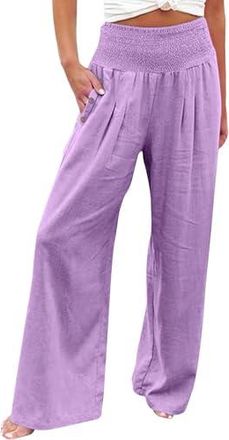 Generic L&eacute;Ger Pantalon Femme ete Ample Fluide en Lin &agrave; Jambes Larges en Lin pour Femmes d&eacute;t&eacute; d&eacute;contract&eacute; avec Cordon de Serrage &eacute;lastique Taille Haute de Vete