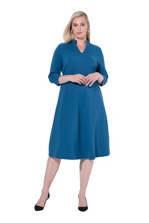 Ulla Popken Damen gro&szlig;e Gr&ouml;&szlig;en &Uuml;bergr&ouml;&szlig;en Plus Size Punto-di-Roma-Kleid, A-Linie, V-Ausschnitt, 3/4-Arm Petrolblau 46+ 827043750-46+