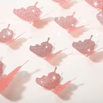 Hicarer 36 St&uuml;cke DIY Glitzer Schmetterling Kombination 3D Schmetterling Wandaufkleber Abziehbilder Haus Dekoration (Glitzer Rosa)