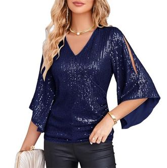 Grace Karin Haut &agrave; paillettes pour femme - Manches 3/4 - Paillettes scintillantes - Chemisier de f&ecirc;te envelopp&eacute; &agrave; col en V - Chemise de sortie dautomne, bleu mari