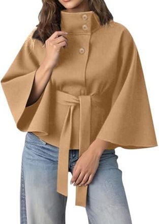 Minetom Poncho Femme Cape El&eacute;gante Automne Hiver Ch&acirc;le Couleur Unie Bouton Manteau avec Ceinture B Kaki M