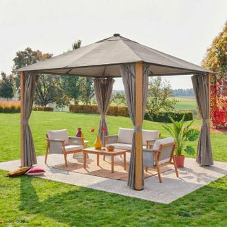 Sweeek Tonnelle 3x3m aluminium effet bois avec rideaux et led beige - Veluna