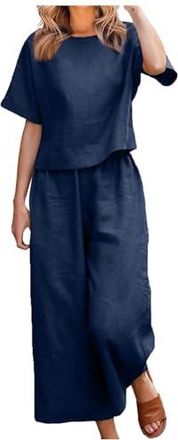 Generic Tenues 2 pi&egrave;ces en lin pour femme - Haut &agrave; manches courtes - Pantalon large - Costume d&eacute;t&eacute; d&eacute;contract&eacute; - Ensemble deux pi&egrave;ces en lin pour femme, noir 