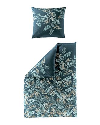 JACK by Bierbaum Mako Satin Bettwäsche 135x200cm 2 TLG. Blätter Dunkelblau Blau Beige