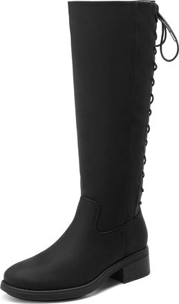 Dream Pairs Kniehohe Damenstiefel mit seitlichem Rei&szlig;verschluss und Schn&uuml;rung hinten,Size 41.5,Schwarz-Nubuck,SDKB2423W