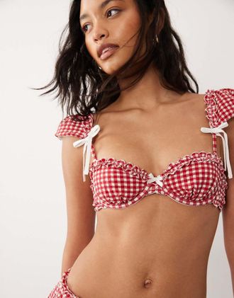 For Love & Lemons Alison - Bikinioberteil mit Puff&auml;rmeln und rotem Vichy-Karo, Kombiteil