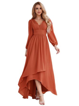 Ever-pretty Damen Elegante Abendkleider Partykleider Lange Ärmel Chiffon Tief V Ausschnitt Lange Brautjungfernkleider Gebranntes Orange 44