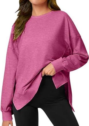 Generic Chandails surdimensionn&eacute;s &agrave; col rond pour femme, manches longues, fente lat&eacute;rale, pull tendance, tunique, tenues dautomne, rose rouge, XXL