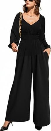 Cupshe Combinaison enveloppante pour femme - Col en V - Manches longues bouffantes - Taille smockée - Jambes larges - Élégante tenue dautomne et dhiver, Noir