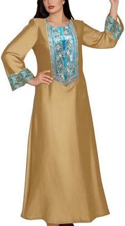 Generic Robe amincissante &agrave; paillettes solides avec broderie Abaya - Caftan africain turc &agrave; manches longues et col rond, dor&eacute;, XXL