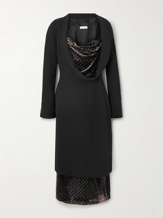 Dries Van Noten Robe Midi En Crêpe Et En Satin Imprimé À Superposition Et À Drapé - Noir