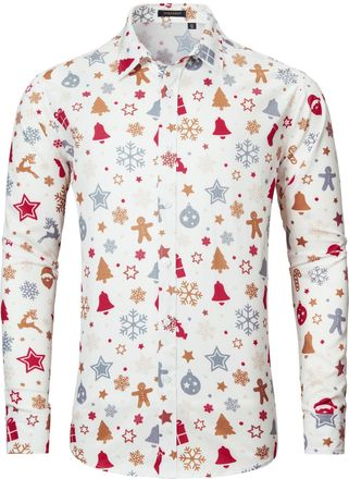 Hisdern Weihnachtshemd Herren Langarm Lustige Weihnachts Muster Hemden Freizeit Christmas Party Button Down Hemd Wei&szlig; XL