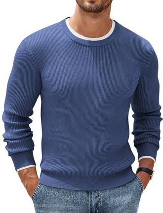 Coofandy Pull Homme Col Rond Tricoté Basique Manches Longues Style Élégant et Confortable Maille Fine Côtelée Regular Fit Bleuazur XXL