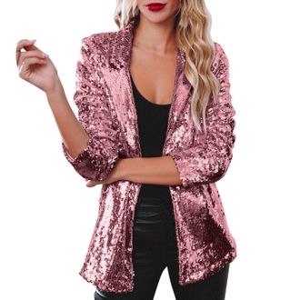 Generic Damen Pailletten Blazer mit Glitzer Langarm Bomberjacke Slim Fit Pailletten Jacke Elegant Kurz Sakko Einfarbig Blazermantel Party Cardigan Tops Teenag
