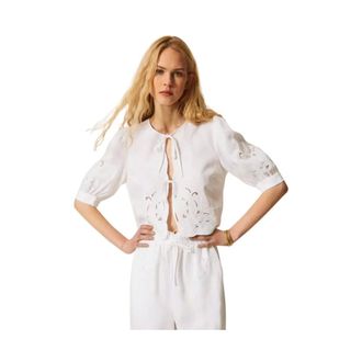 Twinset Femme, Blouses et Chemises, Blanc, Taille: 40 FR Camisa Lino Bordado Ingl&eacute;s