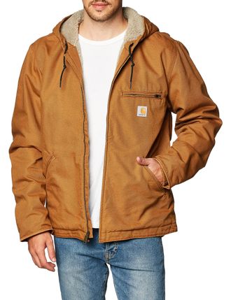Carhartt Work in Progress Mens Big & Tall Relaxed Fit Washed Duck Sherpa-Lined Jacket, Brown, 2X-Large/Tall