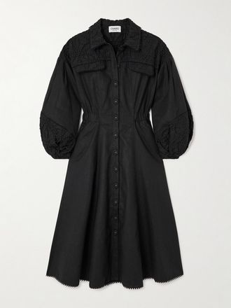 Charo Ruiz Ibiza Dubya Midi-hemdblusenkleid Aus Einer Ramiemischung Mit Cloqu&eacute;-eins&auml;tzen - Schwarz