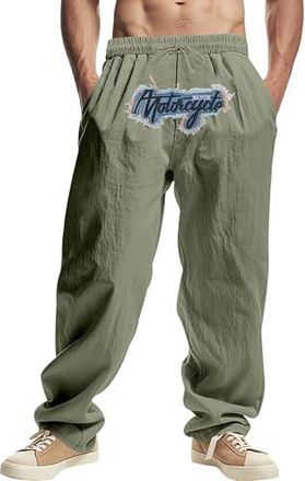 Generic Pantalon de plage long en lin pour homme : pantalon en lin avec imprim&eacute; pantalon d&eacute;t&eacute; avec taille &eacute;lastique pantalon de loisirs jambe droite pantalon 