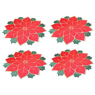 Cabilock 4 St&uuml;ck Weihnachts Tischsets mit Isolierter Tellerunterlage 40cm Rote Leinen Tischmatten mit Weihnachtsstern Motiv Wiederverwendbare und Strapazierf&auml;h