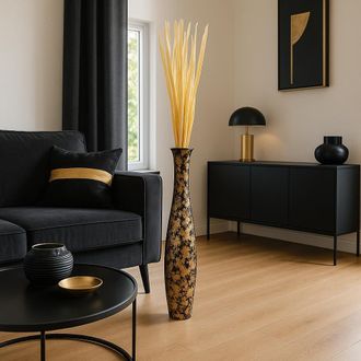 Leewadee Große Deko Bodenvase Für Dekozweige, Hohe Standvase Für Pampasgras, Design Holzvase, 85 cm, Gold
