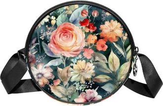 Generic Petit sac &agrave; bandouli&egrave;re circulaire pour femme, motif feuilles florales, sac &agrave; dos avec fermeture &eacute;clair, bretelles r&eacute;glables, sac &agrave; main rond d&eacute;contra