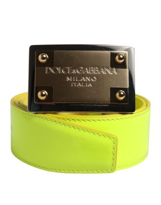 Dolce & Gabbana Mens Yellow Green Classic Metal Logo Buckle Belt Calf Leather