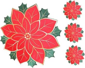 Garneck Set De Table Poinsettia Rond 40 Cm en Lin Rouge Mousse, Protection Isolante La Chaleur, Lot De 4 Pi&egrave;ces, D&eacute;corations De No&euml;l pour Repas Festifs &agrave; La M