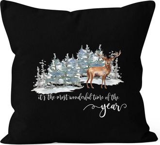Autiga Kissenbezug Weihnachten Its The Most Wonderful time of The Year Hirsch Weihnachtsmotiv schwarz 40cm x 40cm