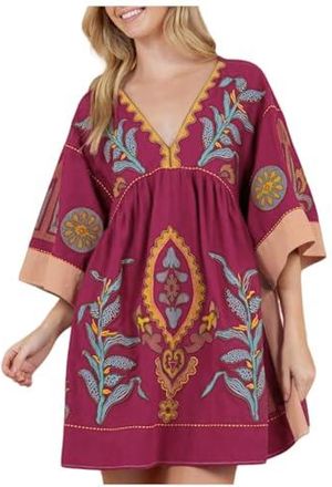 Generic Robe boh&egrave;me brod&eacute;e avec col et manches 3/4 pour femme, coupe ample, bordeaux, XXL