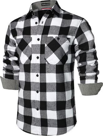 PARKLEES Herren-Fleece-Hemd, klassisch, stilvoll, normale Passform, l&auml;ssig, lang&auml;rmelig, Knopfleiste, kariert, mit Tasche, wei&szlig;/schwarz, XXL