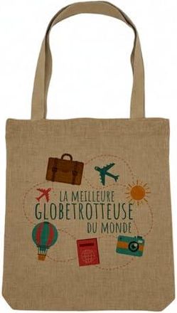 Fabulous Sac Shopping Tote Bag Aspect Lin - La Meilleure Globetrotteuse du Monde Voyage Wanderlust Monde Aventure - Sac de Courses Toile Epaisse 360g Beige Nat