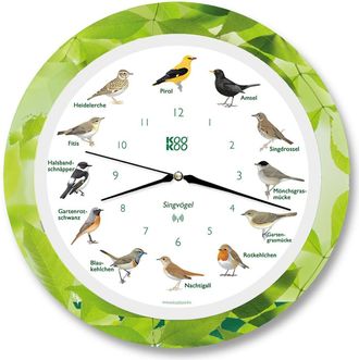 KooKoo Singvögel Quarzwerk Leaf, Die Singende Vogeluhr, runde Wanduhr mit natürlichen Vogelstimmen