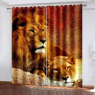 Generic 3D Tierl&ouml;we K&auml;lteschutzvorhang &Ouml;senschal Set Gardinen Wohnzimmer Mikrofaser K&auml;lteschutz Vorh&auml;nge Blickdicht 2 St&uuml;ck F&uuml;r Schlafzimmer Junge M&auml;dchen - L