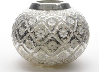 K&S Windlicht Teelichthalter Glas Weihnachten Hochzeit Taufen Geburtstag antik Silber weiß mit Blüten Ø 15 cm