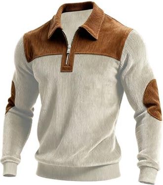 Generic Pull Homme Velours C&ocirc;tel&eacute; Grande Taille Tendance 2026 - Doubl&eacute; Polaire Thermique Patch Coude Bloc Couleur Col Montant, Sweater Chaud & Anti-Vent(Beige