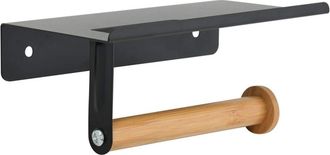 Spirella WC Rollenhalter Tarek Bambus Toilettenpapierhalter Klopapierhalter mit Smartphone Ablage zum kleben oder Bohren Schwarz, Black