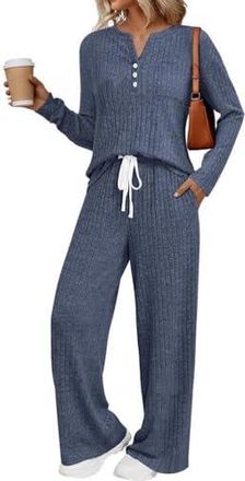 TOMWELL Pyjama Femme Hiver Ensemble Chic et Elegant Manches Longue Shirt et Pantalon &agrave; Jambes Larges A Bleu Fonc&eacute; XL