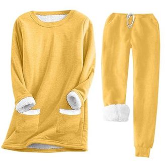 Generic Pyjama en polaire &agrave; col rond pour femme avec doublure Sherpa pour lautomne et lhiver, ensemble de d&eacute;tente thermique chaud et confortable, jaune, XXL
