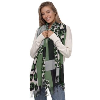 Glamexx24 Damen XXL Schal Kuscheliger warmer Leoparden Muster 3 farbiger Fransen Poncho Schal Oversized Deckenschal