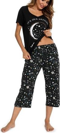 Mia Lucce Pyjama Femme Été Coton Manche Courte Ensemble Femme Ete avec T - Shirt à Manches Courtes et Capri 2 Pièces, S-XXXL