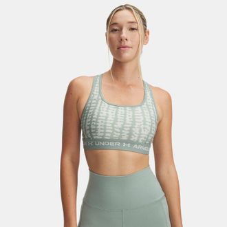Under Armour Crossback Mid Printed Sport-BH f&uuml;r Damen Silica Gr&uuml;n / Hydro Gr&uuml;n / Hydro Gr&uuml;n XS