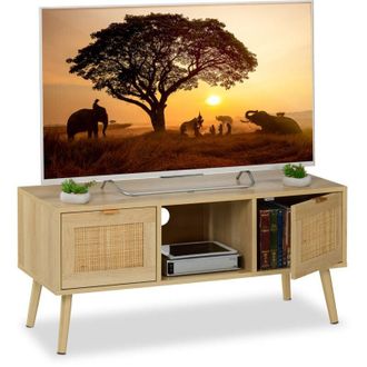 Relaxdays Relaxdays - TV-Lowboard, Rattan-Design, Fernsehtisch f&uuml;r bis zu 43 Zoll, Holzoptik, hbt: 45,5x100x40 cm, TV-Bank, natur