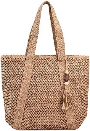 Generic Sacs de plage &eacute;l&eacute;gants pour femmes, sac de trajet d&eacute;t&eacute; fait &agrave; la main de capacit&eacute; avec pendentif pompon, sac &agrave; main de Shopping fourre-tout (kaki)